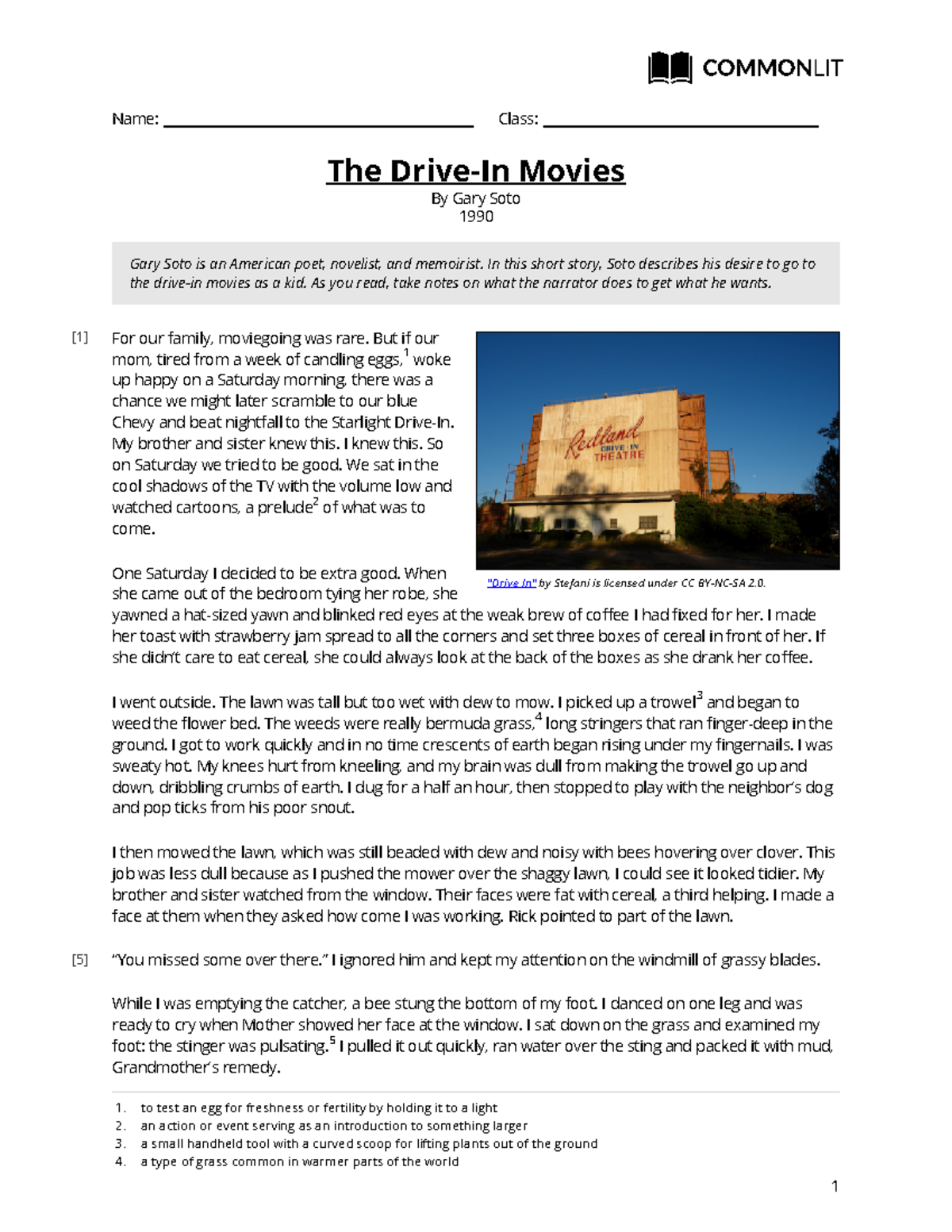 The Drive-In Movies by Gary Soto - Name: Class: "Drive In" by Stefani is licensed under CC - Studocu
