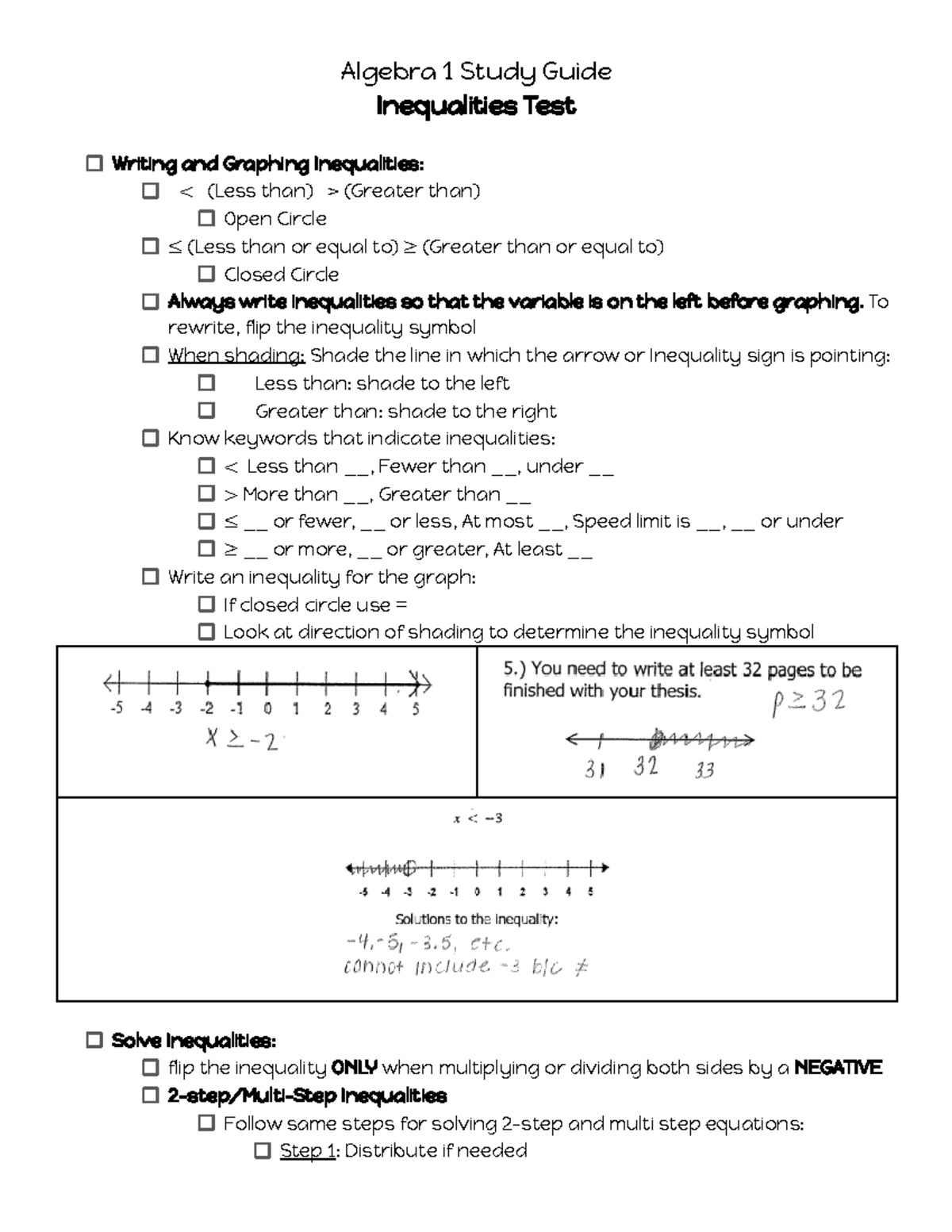 Unit 2 Test Study Guide - Algebra 1 Study Guide Inequalities Test ...