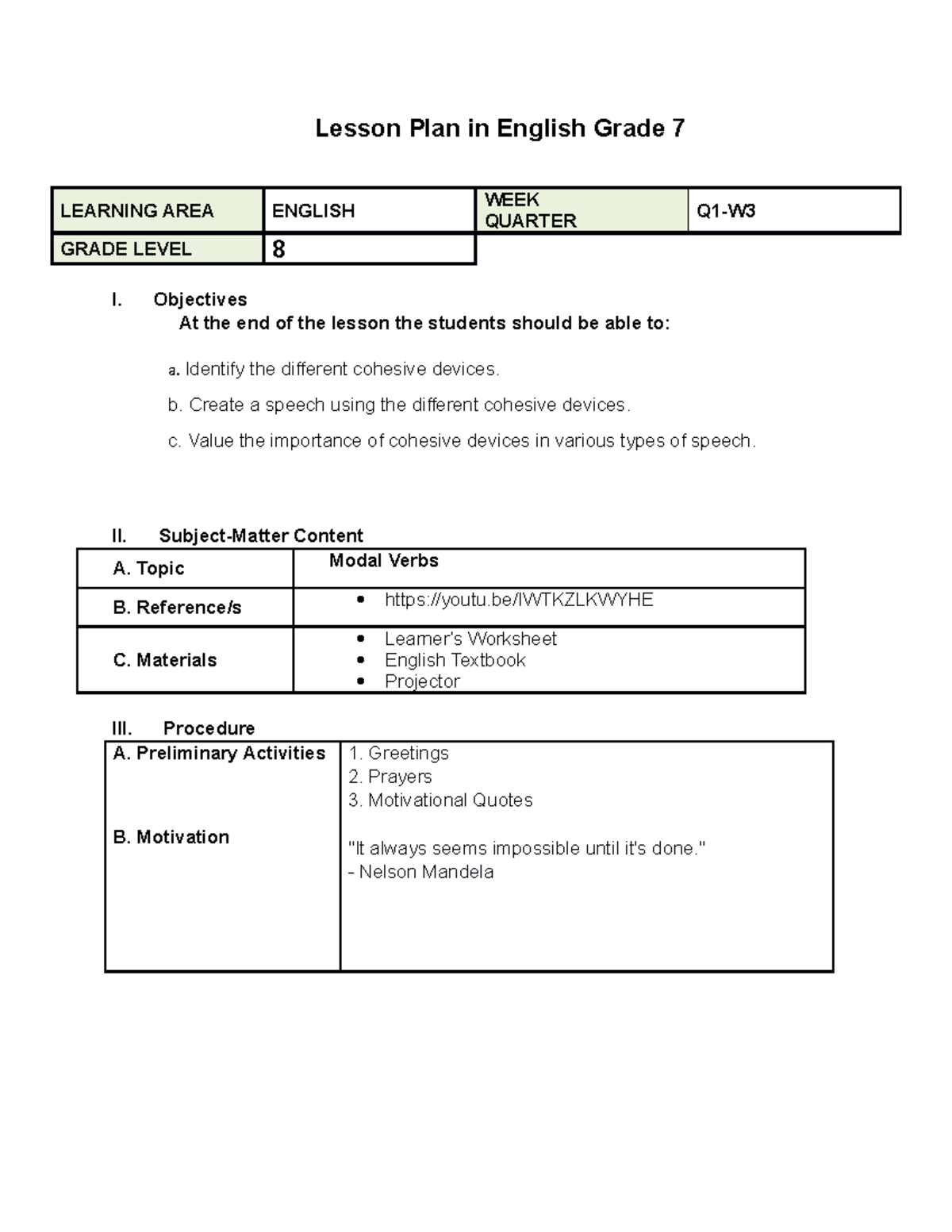 Group 3 Lessonplan - Nine - Lesson Plan in English Grade 7 LEARNING ...