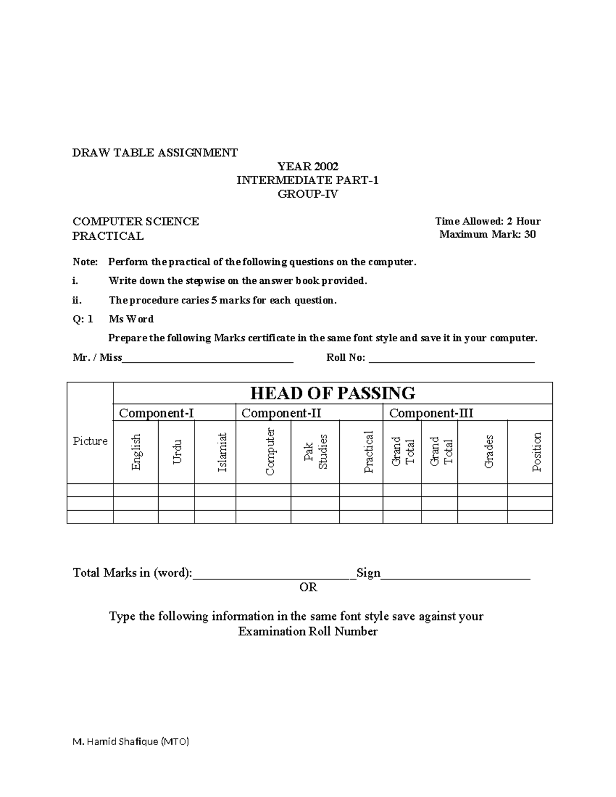 1 Draw Table Assignment Draw Table Assignment Year 2002 Intermediate Part Group Iv Computer 