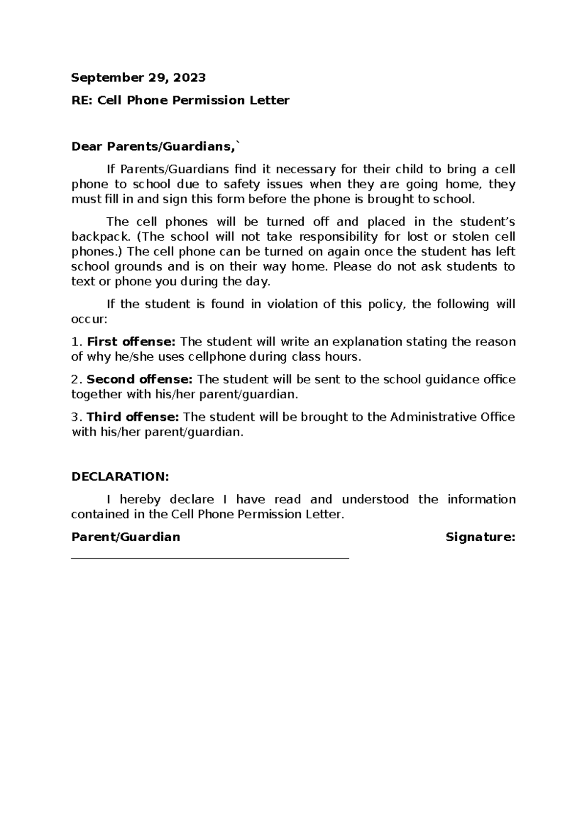 Parental Consent of Mobile Phone - September 29, 2023 RE: Cell Phone ...