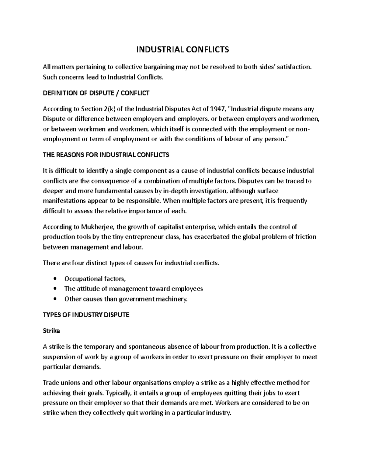 Industrial Conflicts Notes - INDUSTRIAL CONFLICTS All matters ...