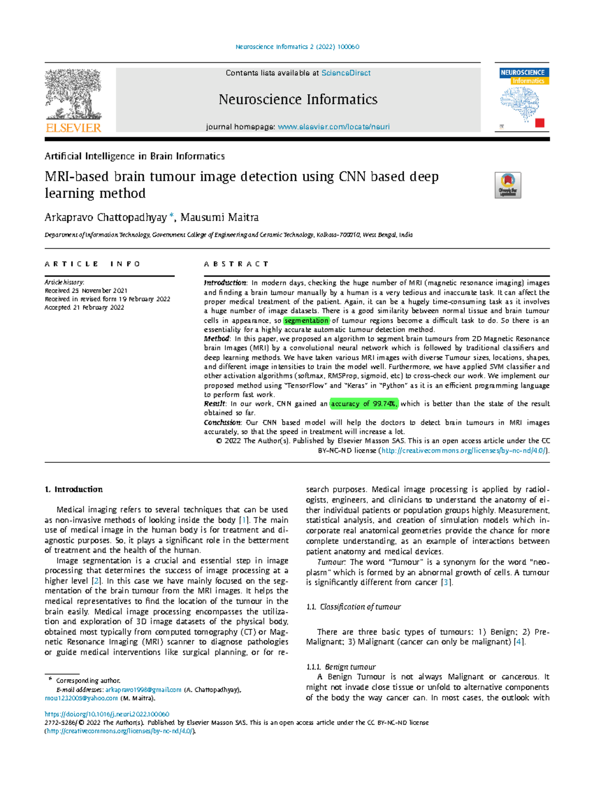 1. MRI based brain tumour image detection using CNN DPL - Neuroscience ...