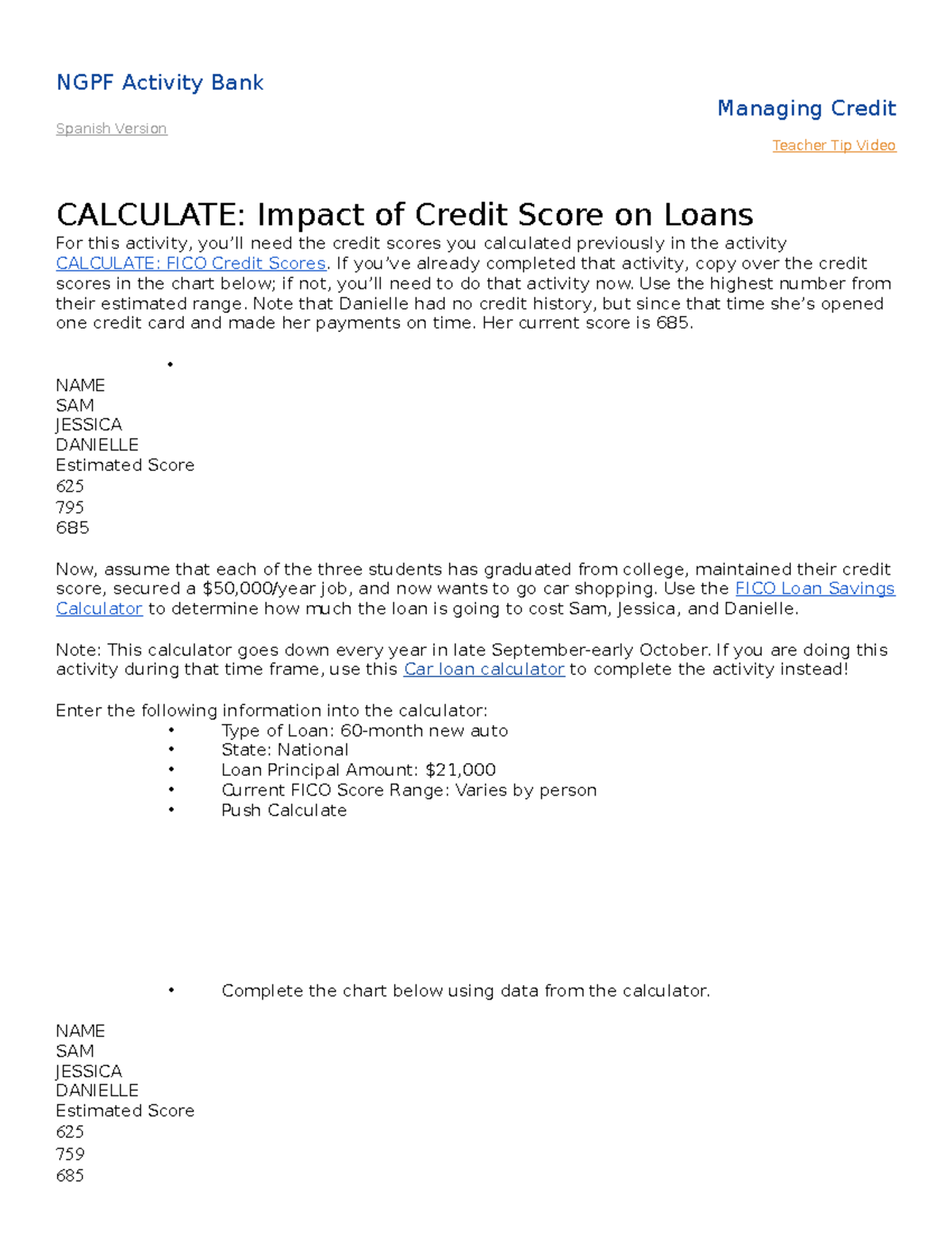 Calculate Impact of Credit Score on Loans - NGPF Activity Bank Managing ...