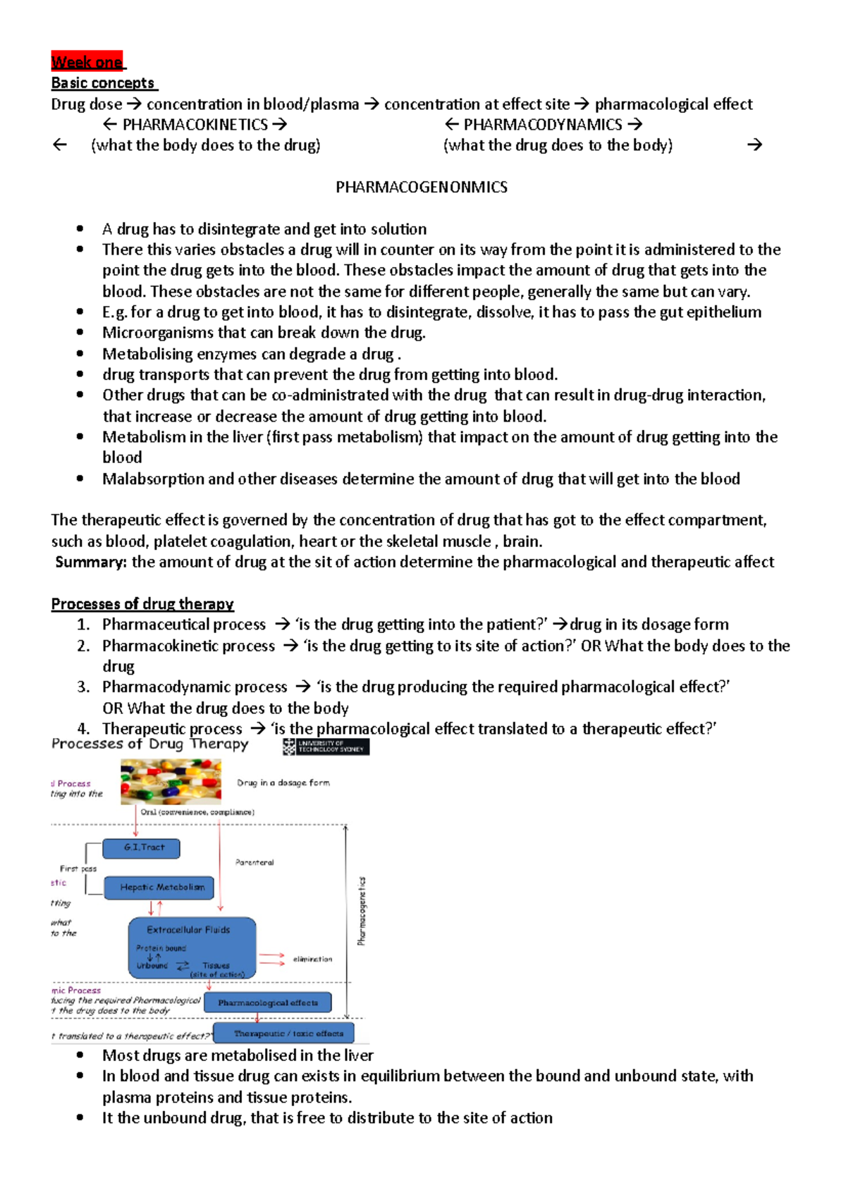 DD-notes - notes - Week one Basic concepts Drug dose concentration in ...
