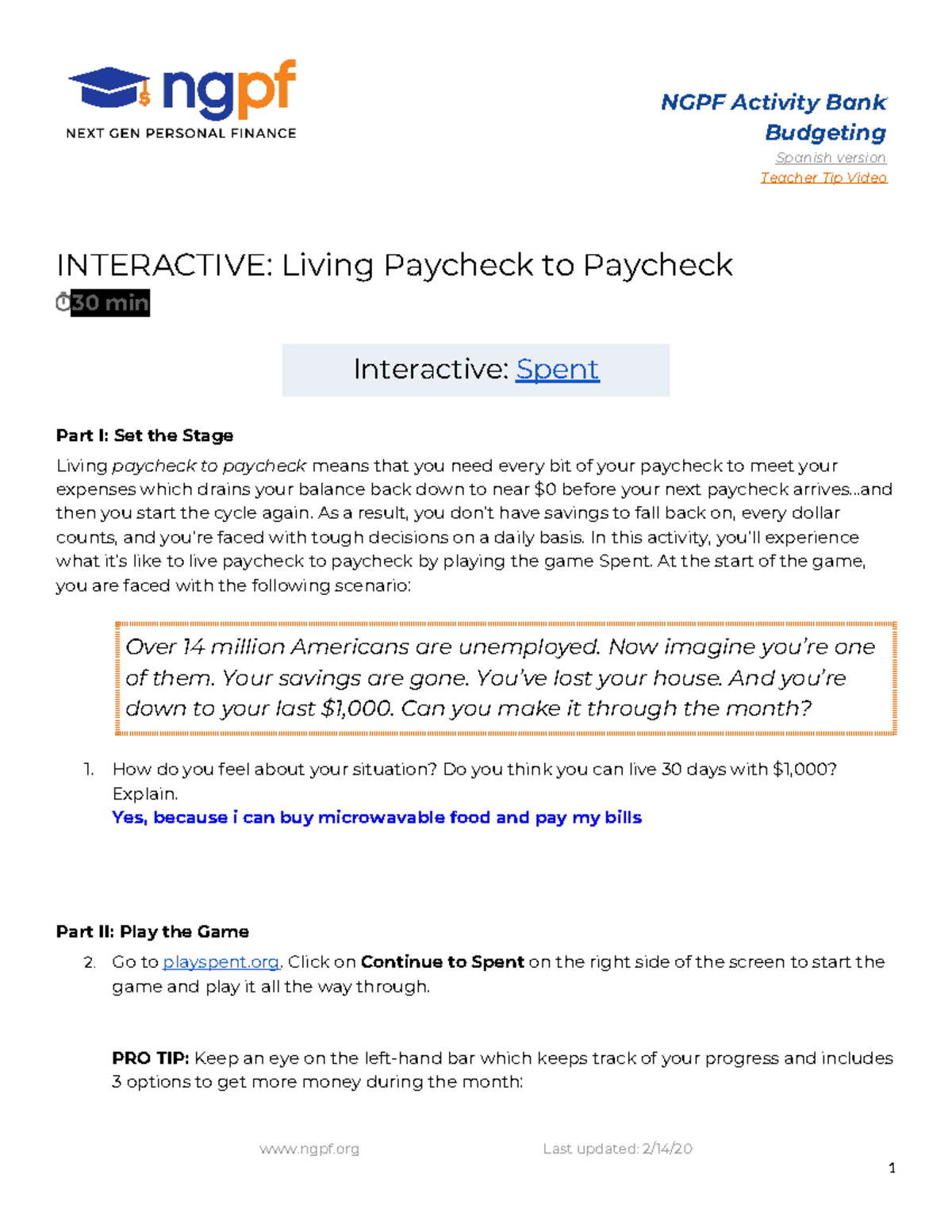 Interactive Living Paycheck to Paycheck - NGPF Activity Bank Budgeting ...