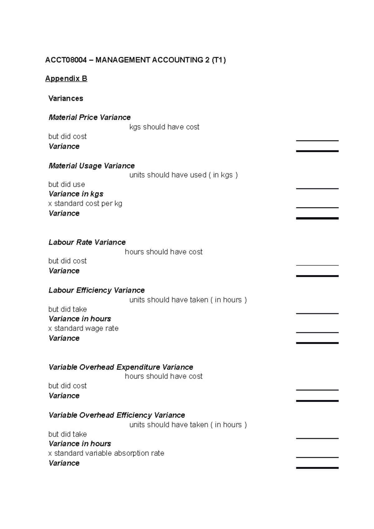 Tutorial 6 Variance Template - ACCT08004 – MANAGEMENT ACCOUNTING 2 (T1 ...
