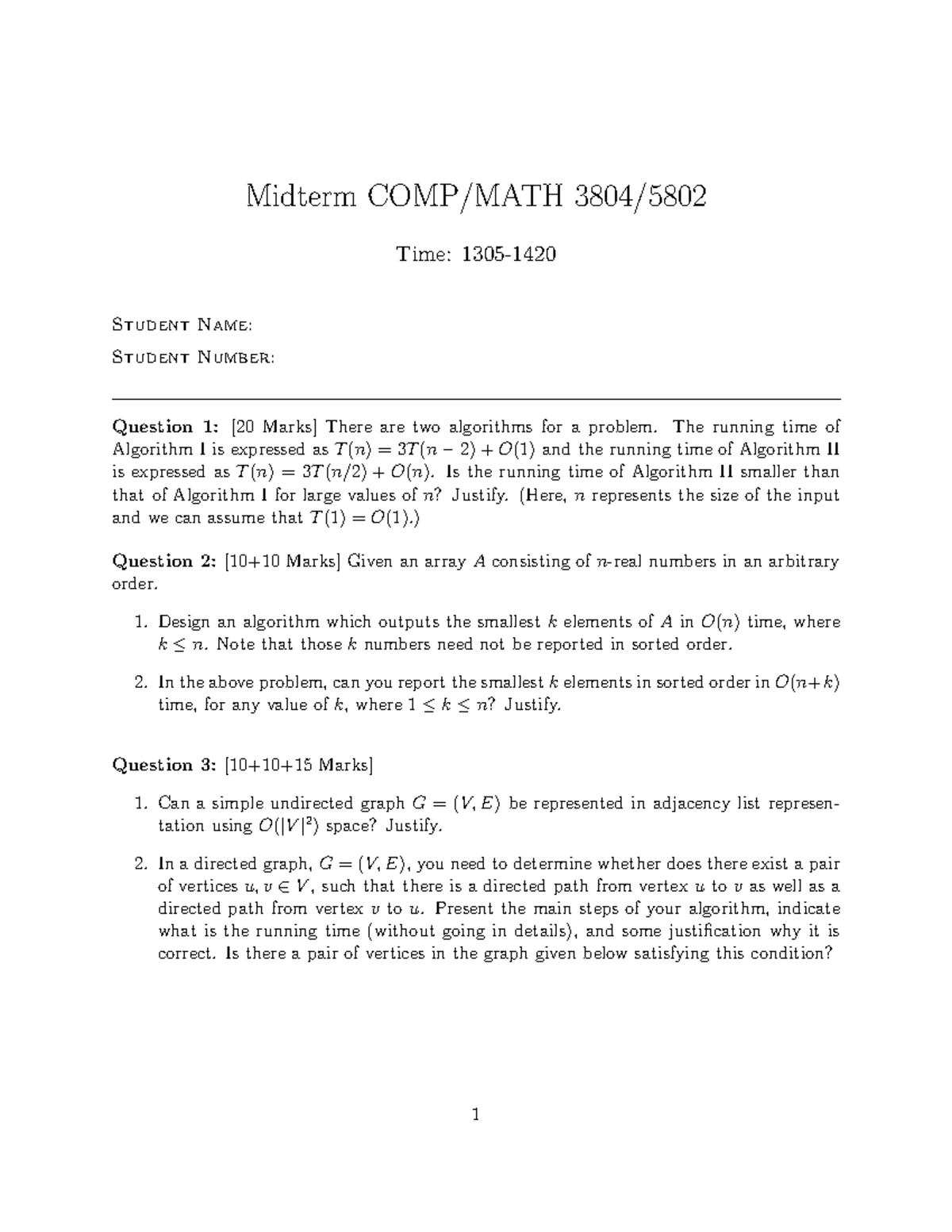 Midterm exam 2011, questions - Midterm COMP/MATH 3804/5802 Time: 1305 ...
