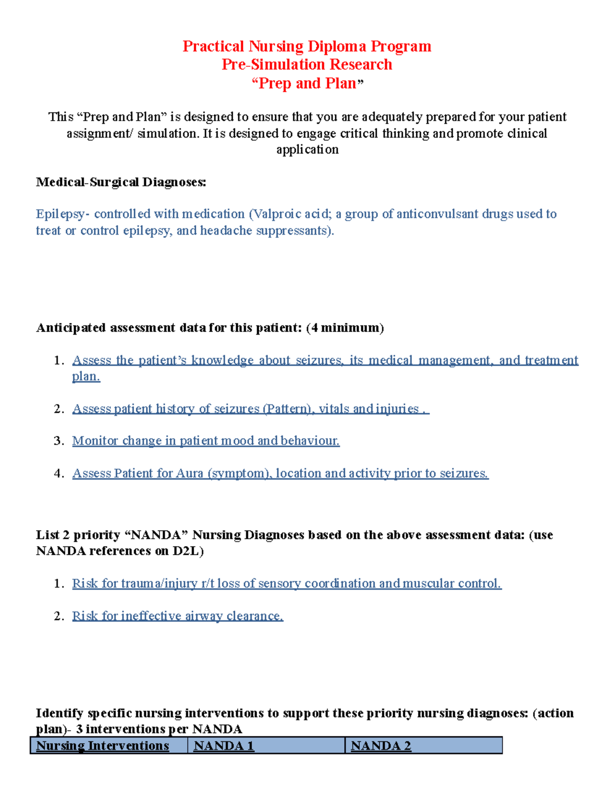Prep+and+Plan+Template-+Simulation+ for Semester 2 Clinical Practice ...
