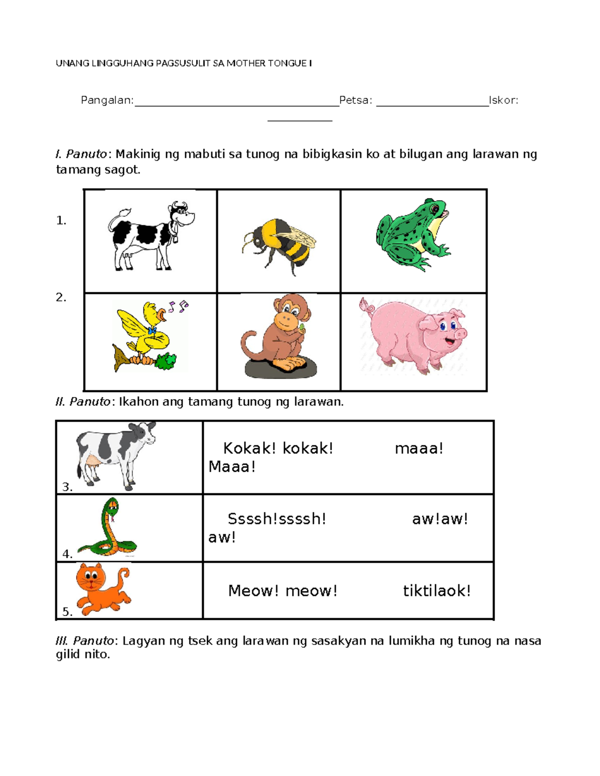 V1 Summative TEST - Mother Tongue I - Quarter 1 - UNANG LINGGUHANG ...