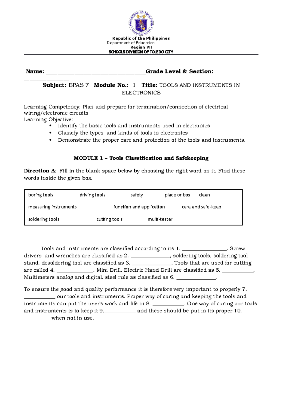 Activity Sheet in Electronics Product Assemmbly - Major in Electronics ...