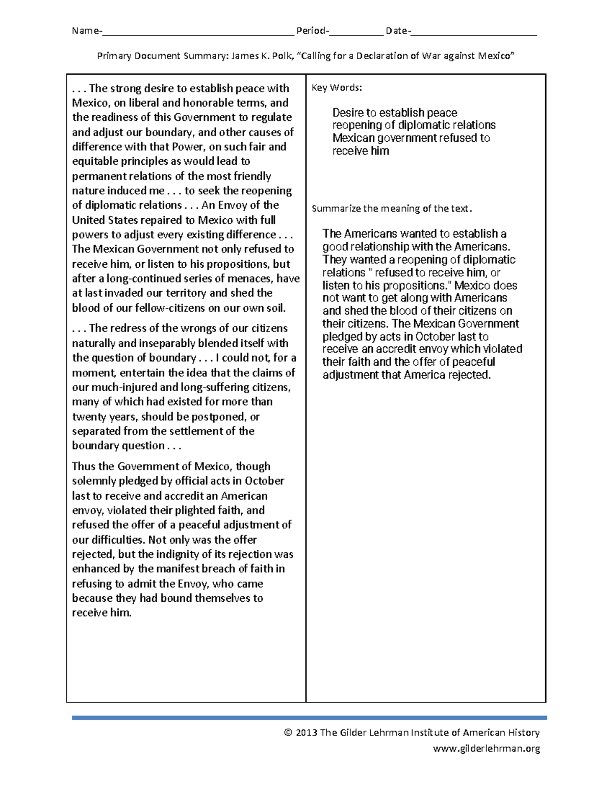 The Mexican American War Graphic Organizer Lesson 1 - © 2013 The Gilder ...