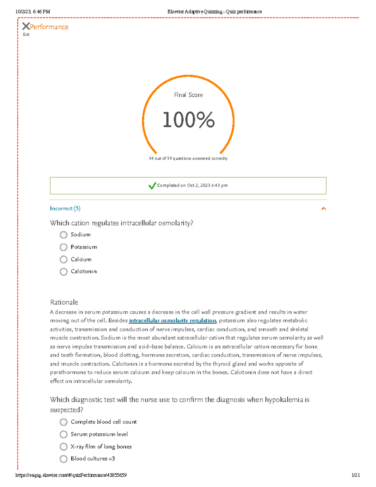 Fluid and Electrolytes- Novice - Exit Performance Final Score 100% 54 ...