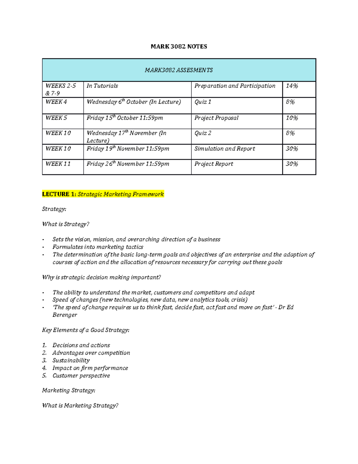 MARK3082 Lecture Notes - MARK 3082 NOTES MARK3082 ASSESMENTS WEEKS 2 ...