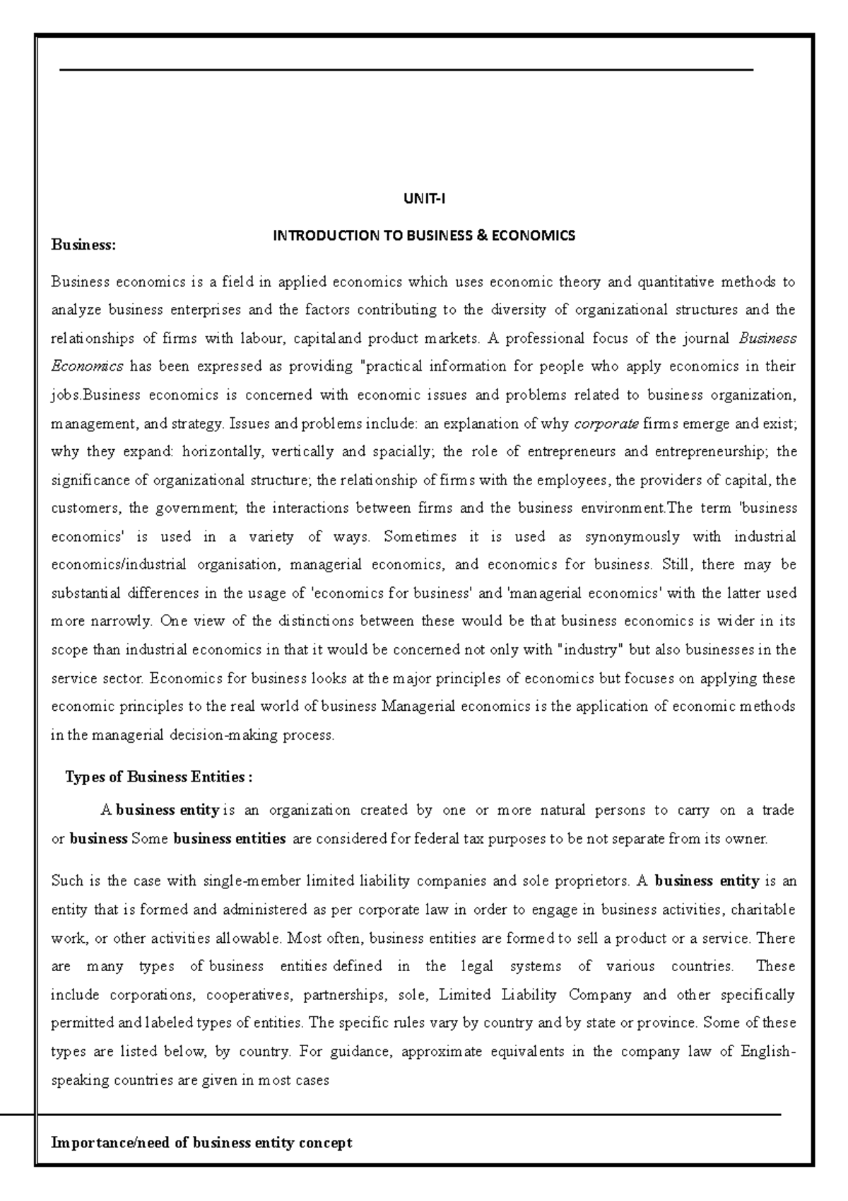 BEFA Notes 1 - Business: UNIT-I INTRODUCTION TO BUSINESS & ECONOMICS ...