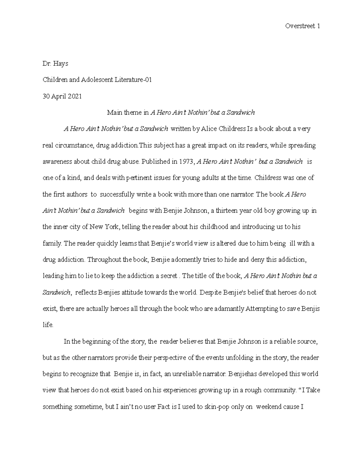Literature essay 2 - Book analysis. Hero - Dr. Hays Children and ...