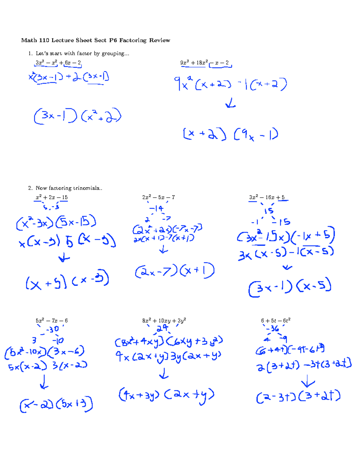 Math 110 (Factoring Review) - Math 110 Lecture Sheet Sect P6 Factoring ...