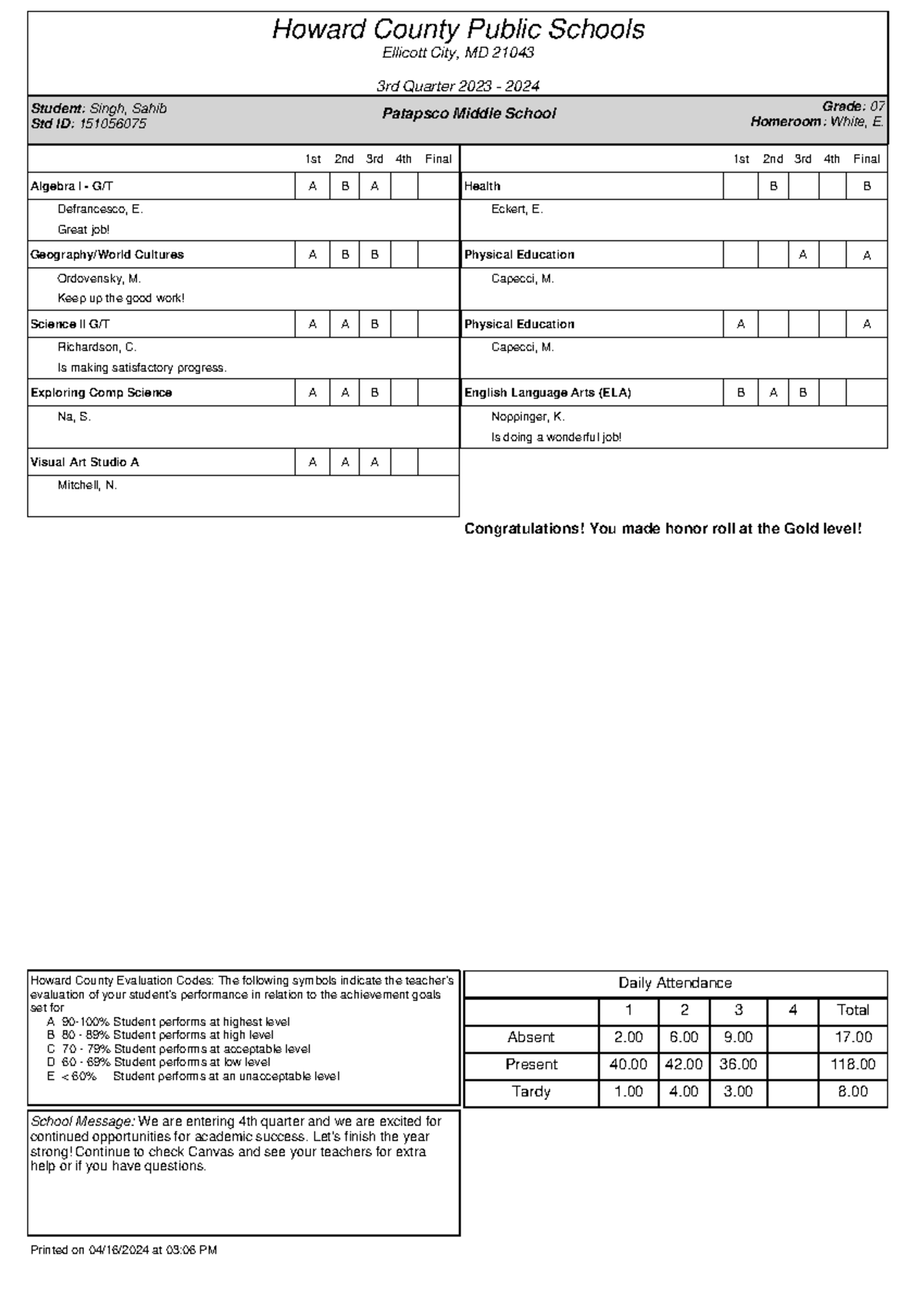 2023-2024 Q3 Report Card - Howard County Public Schools Ellicott City, MD 21043 3rd Quarter 2023 ...