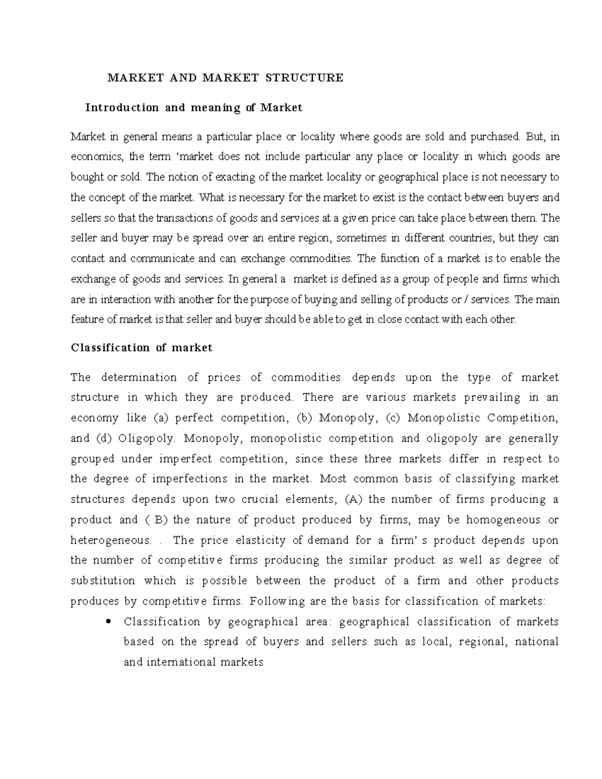 Chapter 4 market and market structures - MARKET AND MARKET STRUCTURE ...