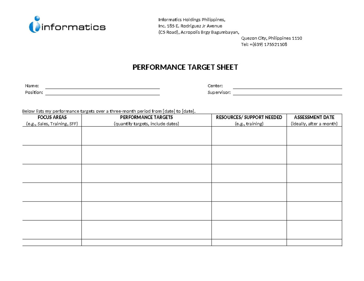 Performance Target Sheet - Informatics Holdings Philippines, Inc. 185 E ...