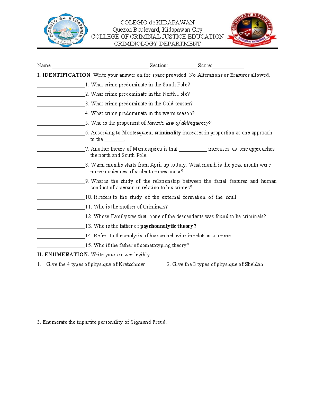 Final Quiz - Materials - COLEGIO de KIDAPAWAN Quezon Boulevard, Kidapawan City COLLEGE OF ...