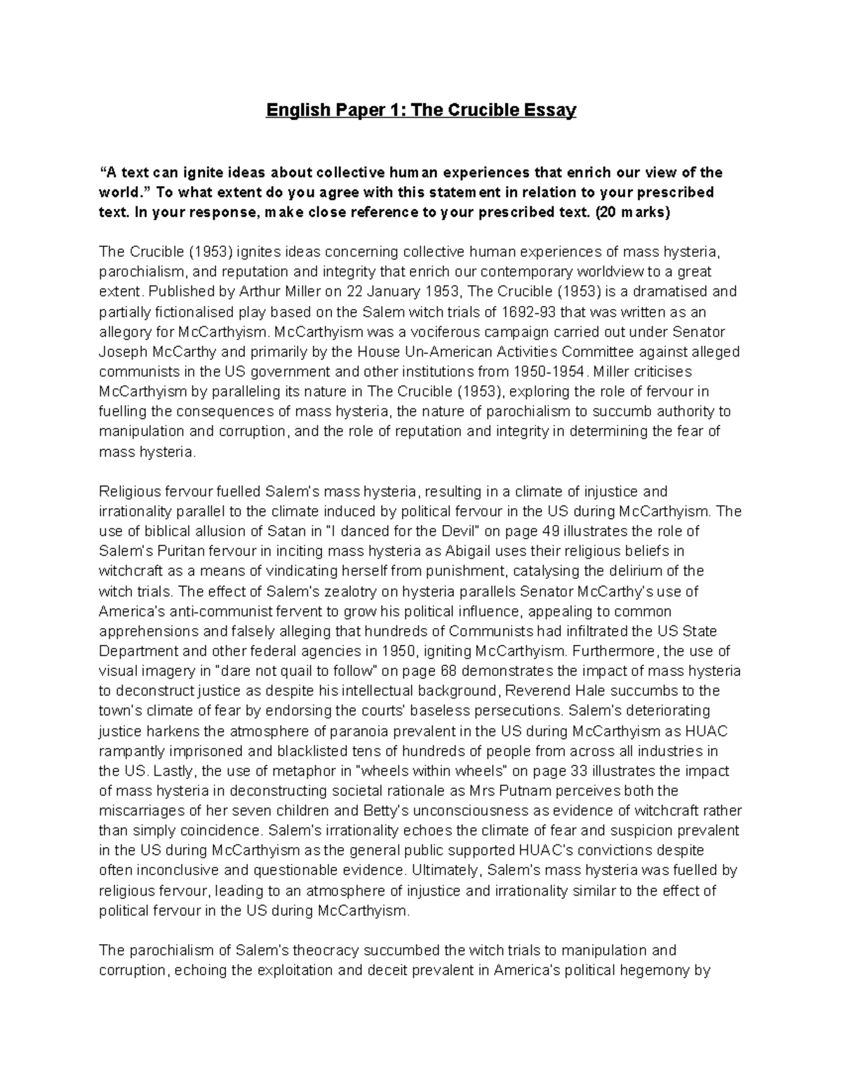 English Paper 1 The Crucible Essay Submission - English Paper 1: The ...