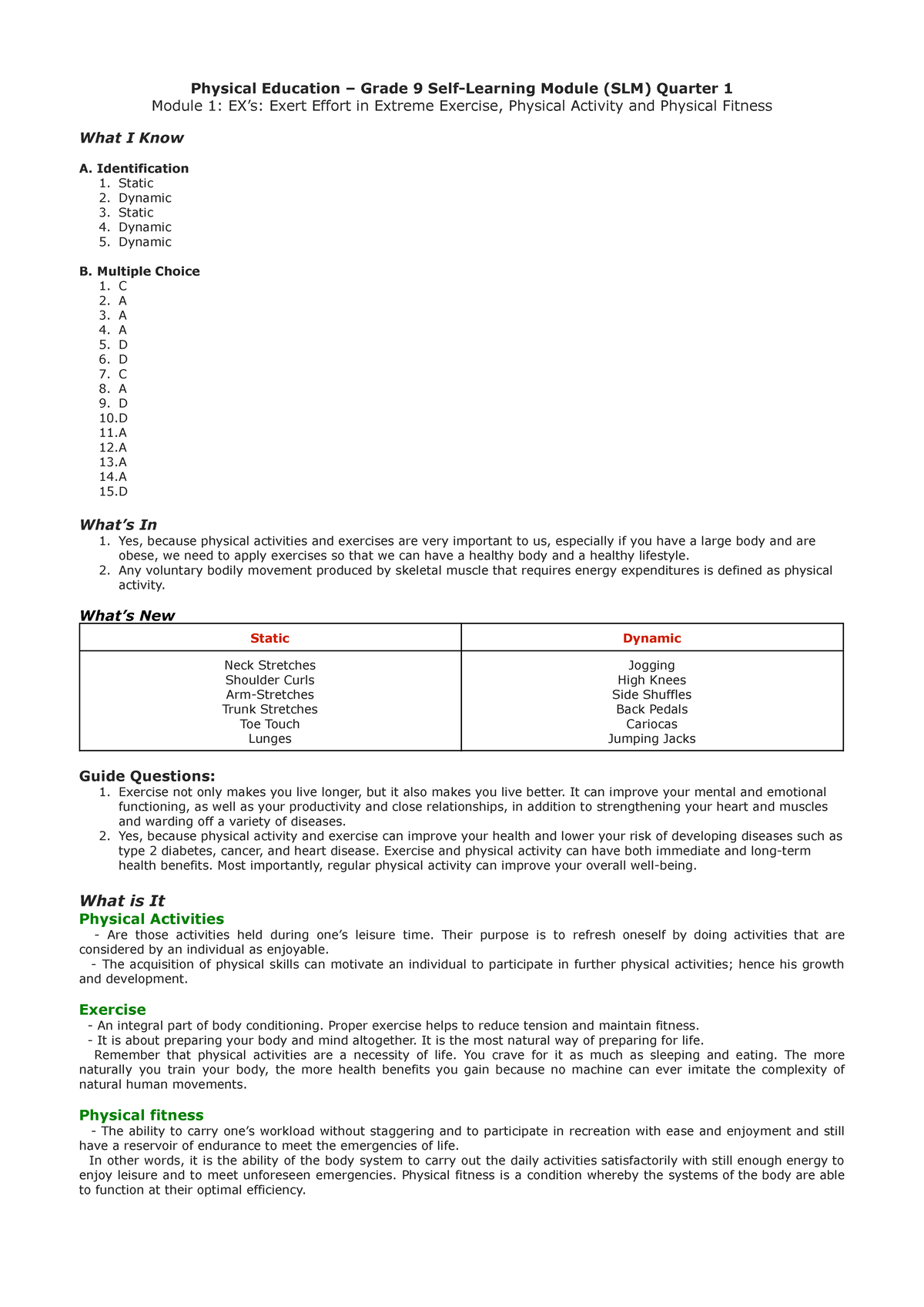 Physical Education – Grade 9 Self-Learning Module (SLM) Quarter 1 ...