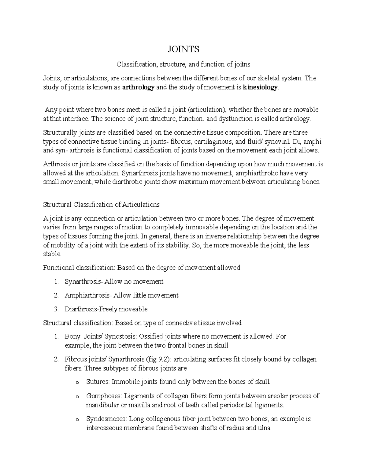 Week7jointsnotesedapt - JOINTS Classification, structure, and function ...
