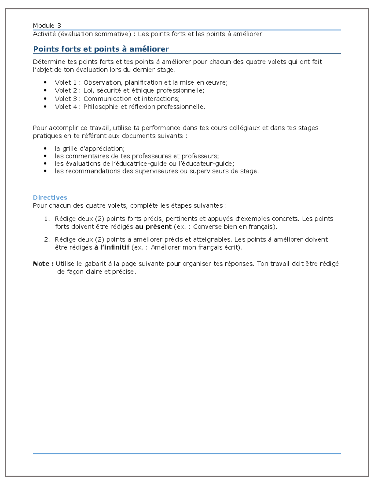 Activité (évaluation sommative) Les points forts et les points à ...