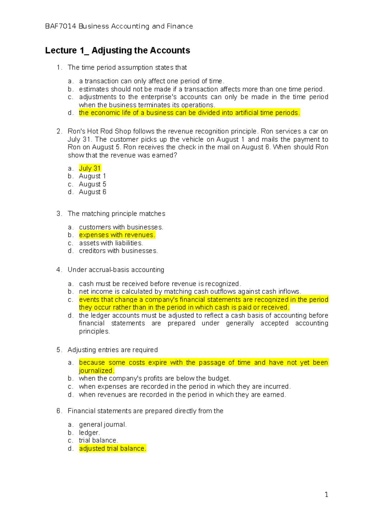 Lecture 1 Adjusting the Accounts Q - BAF7014 Business Accounting and ...