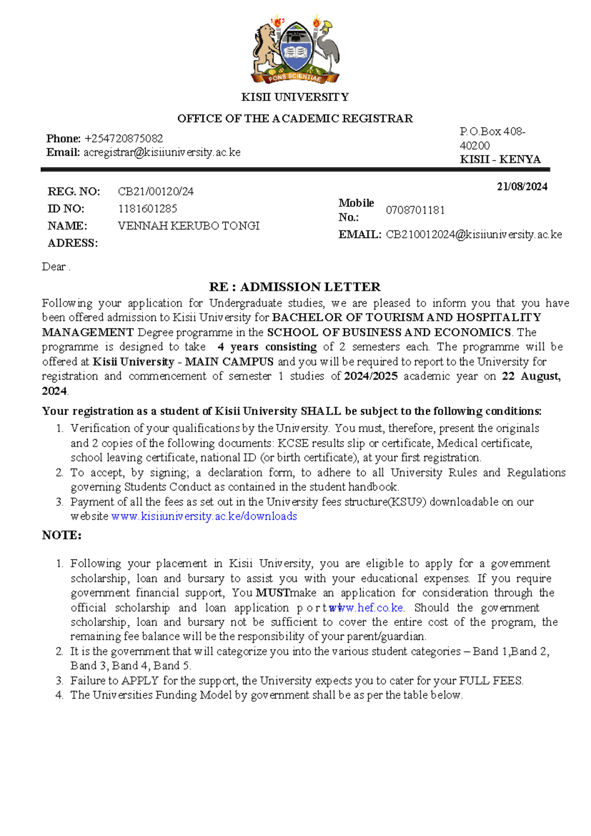 Admission letter - Ghnnm u - KISII UNIVERSITY OFFICE OF THE ACADEMIC ...