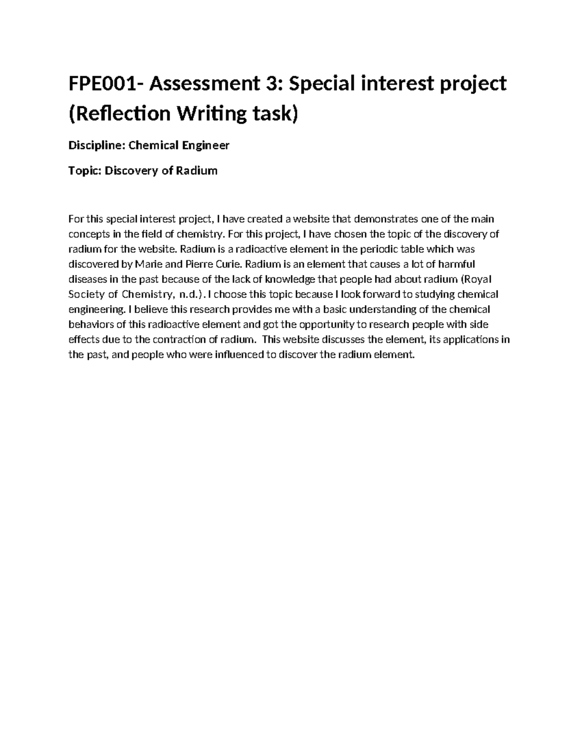 FPE001 assement 3 reflection - FPE001- Assessment 3: Special interest ...