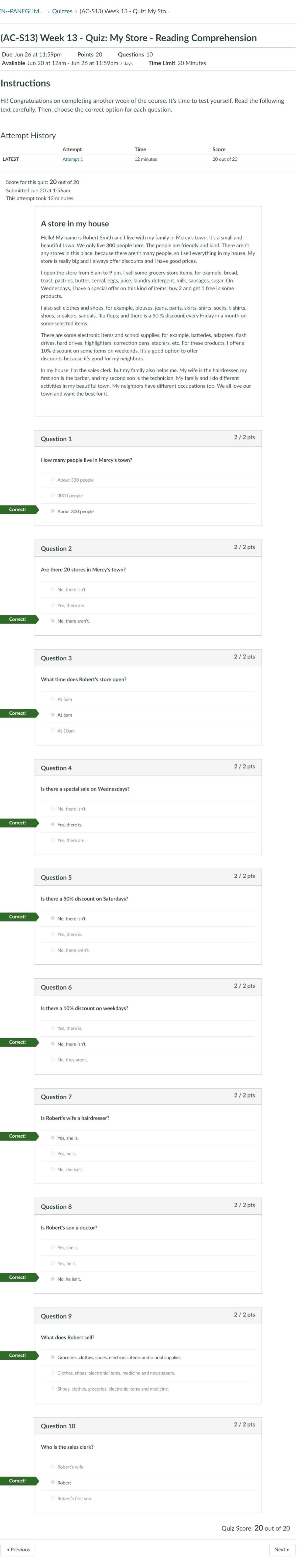  AC S13 Week 13 Quiz My Store Reading Comprehension Ingles II