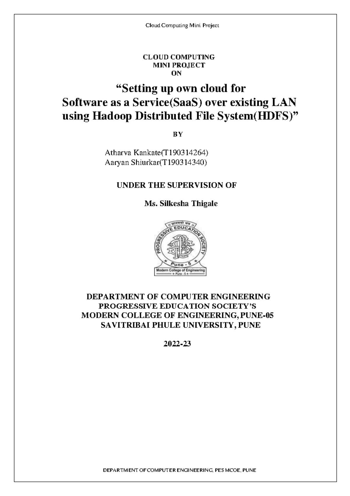 CC Mini Project Report - DEPARTMENT OF COMPUTER ENGINEERING, PES MCOE, PUNE Cloud Computing Mini ...