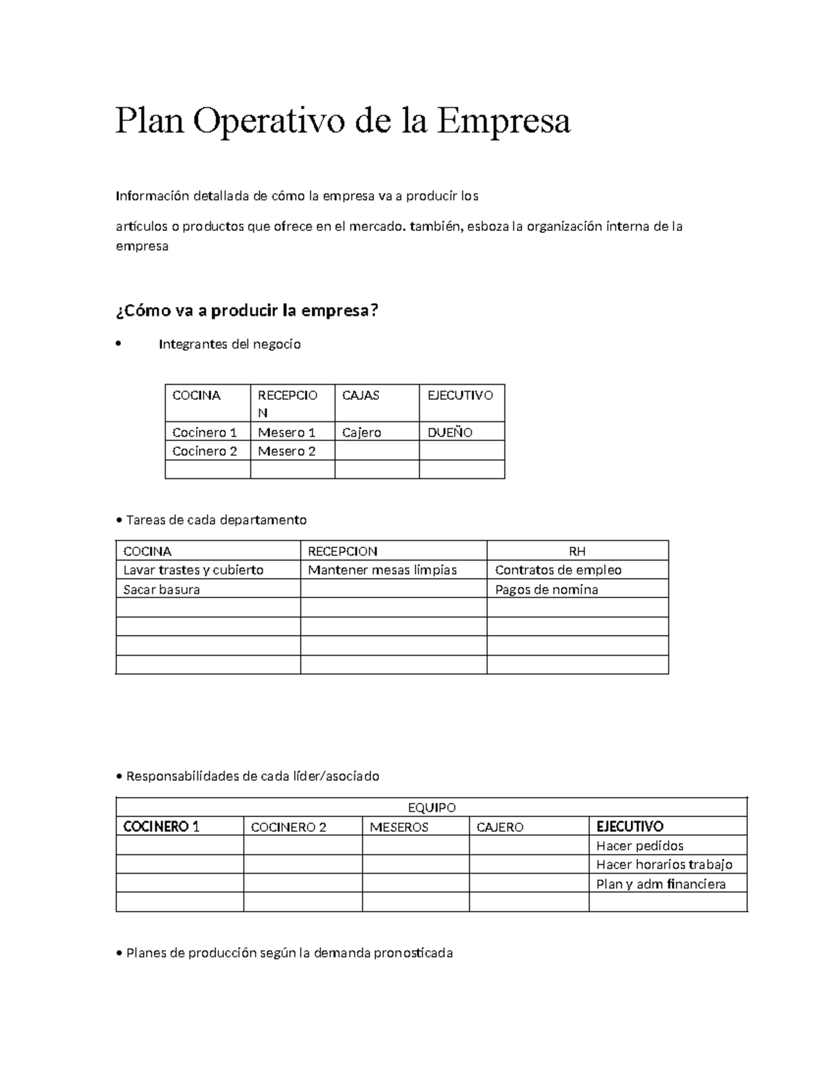 Plan Operativo de la Empresa - Plan Operativo de la Empresa Información ...
