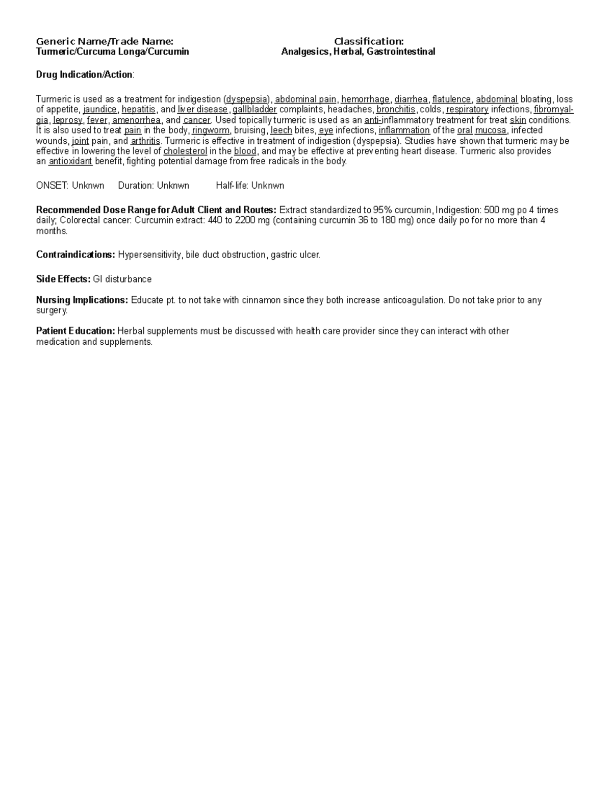 Medication Card Template-Turmeric - Generic Name/Trade Name ...