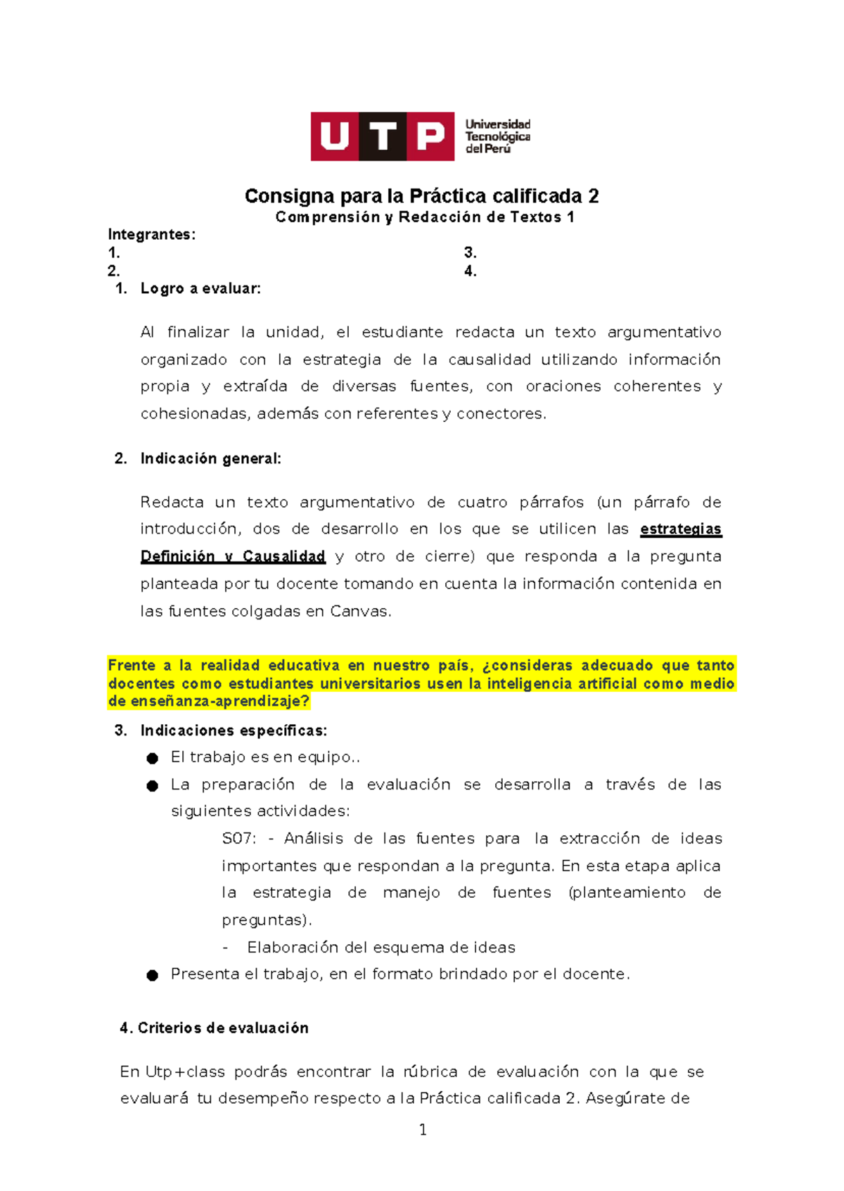 U4 GC N01I PC2Consigna 24V - Consigna para la Práctica calificada 2 Comprensión y Redacción de ...