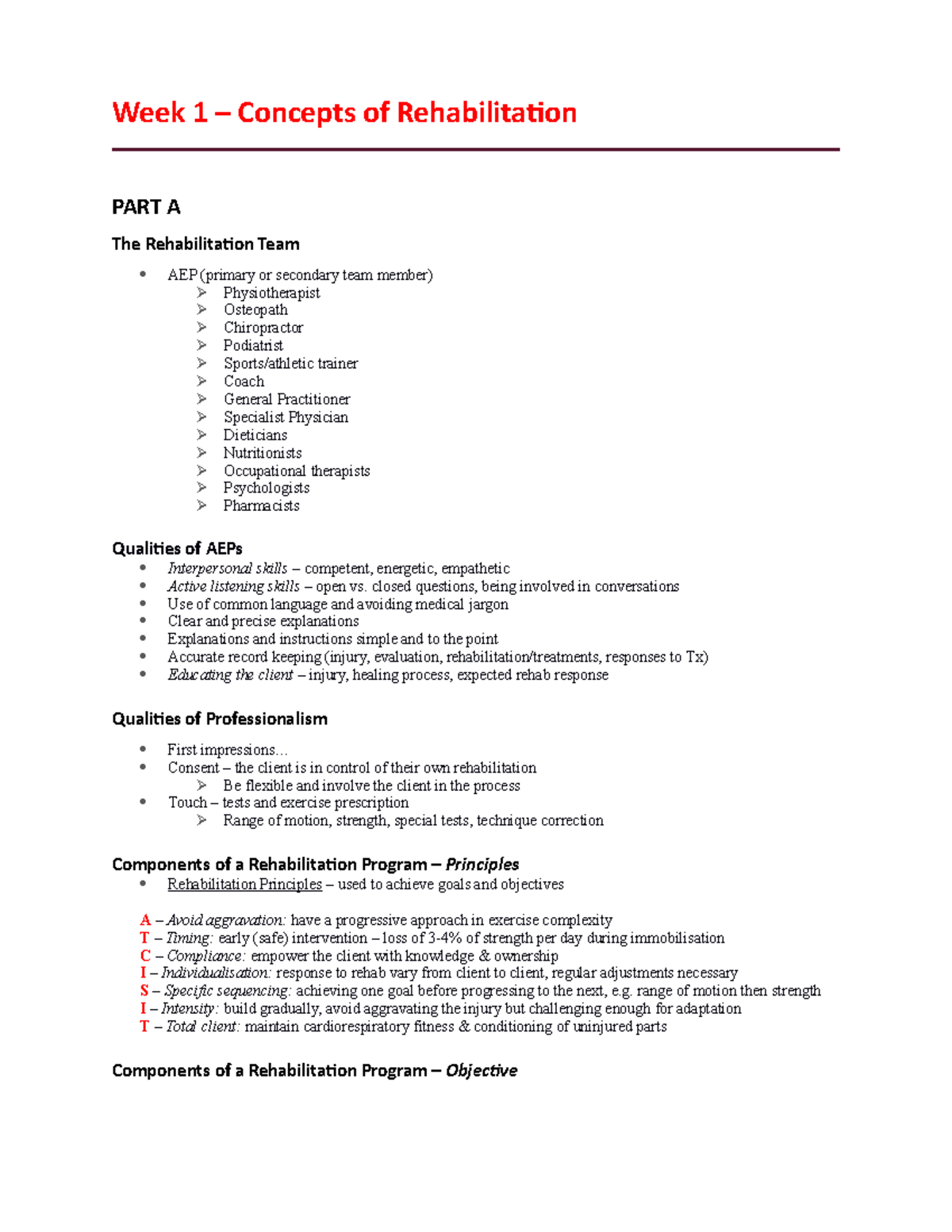 Week 1 – Concepts of Rehabilitation - Week 1 – Concepts of Rehabilitation PART A The ...