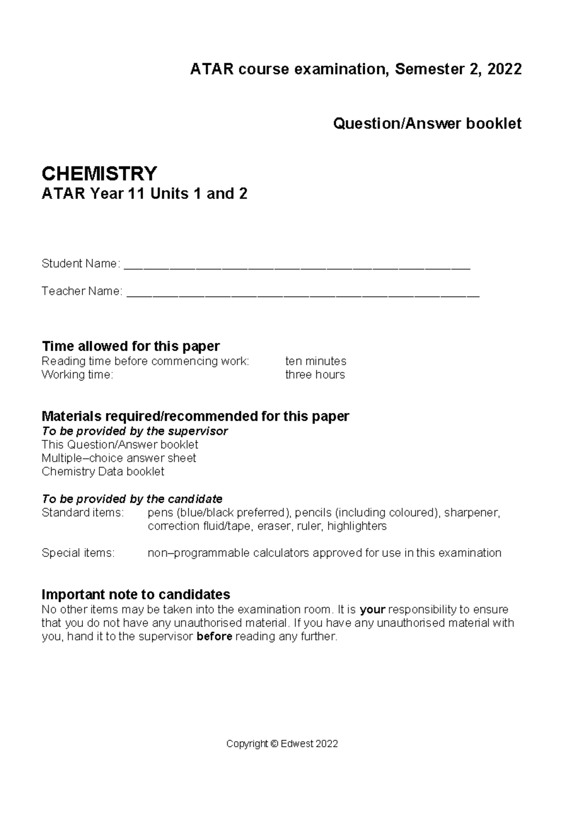Chemistry Ed West Year 11 Semester 2 2022 - ATAR course examination ...