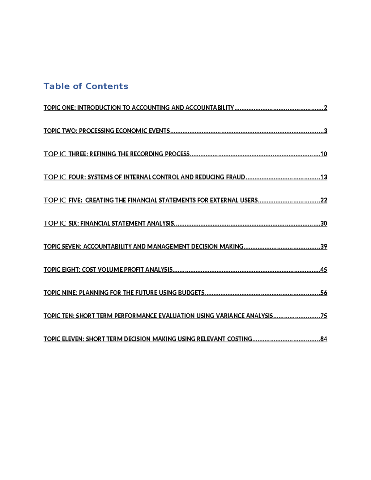 AAA Notes - all topics - Table of Contents TOPIC ONE: INTRODUCTION TO ...