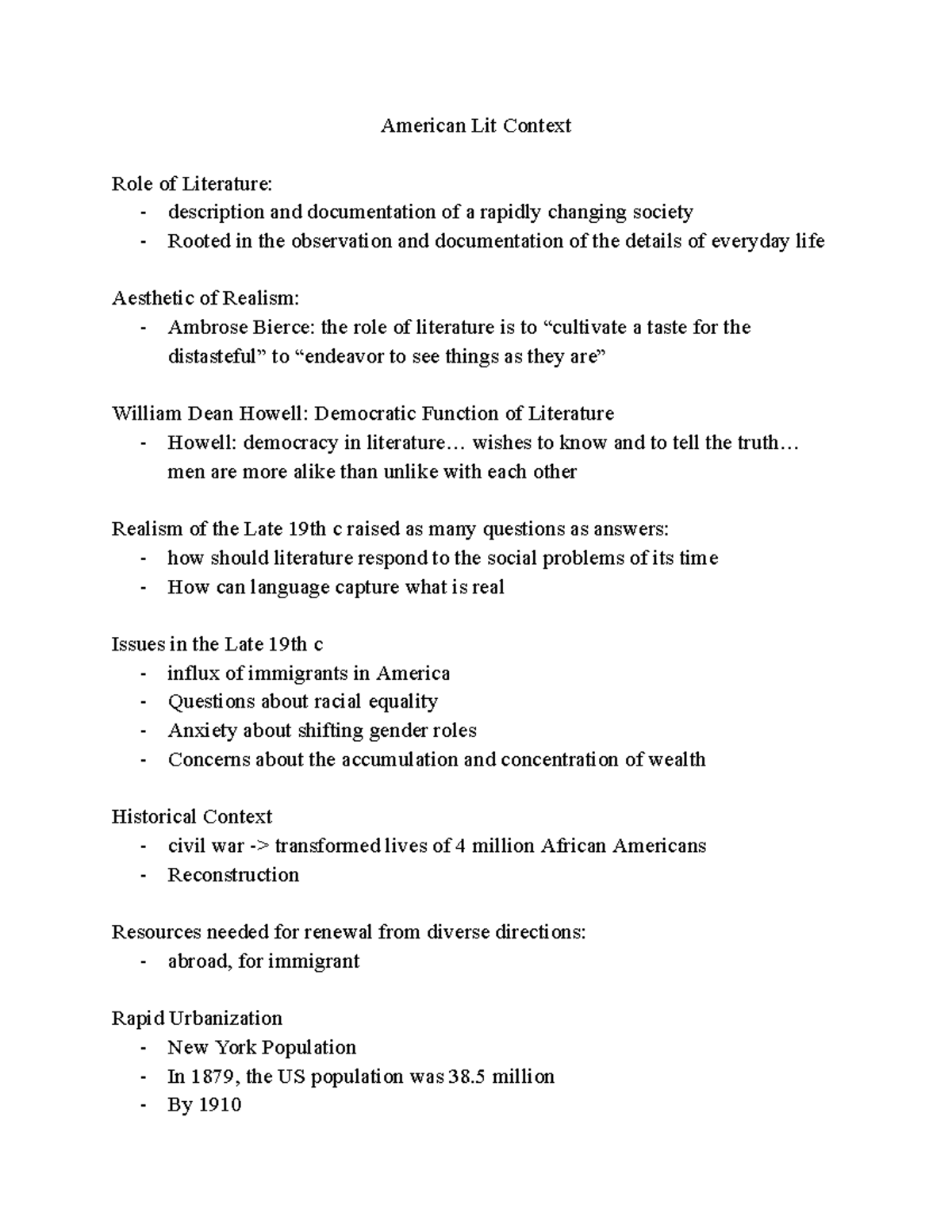 Notes of 1865-1910 Literary Changes - American Lit Context Role of ...