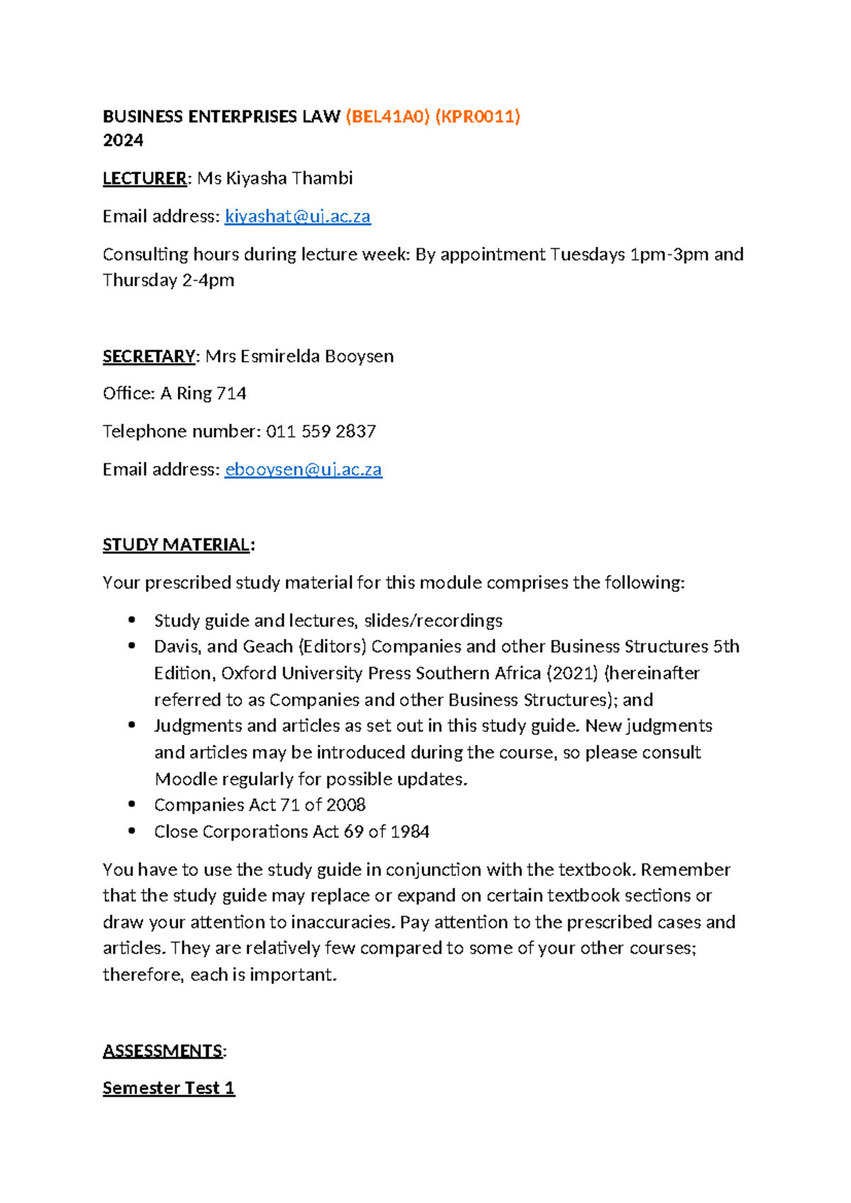 Business Enterprises LAW Brief TO Study Guide 2024 - BUSINESS ...