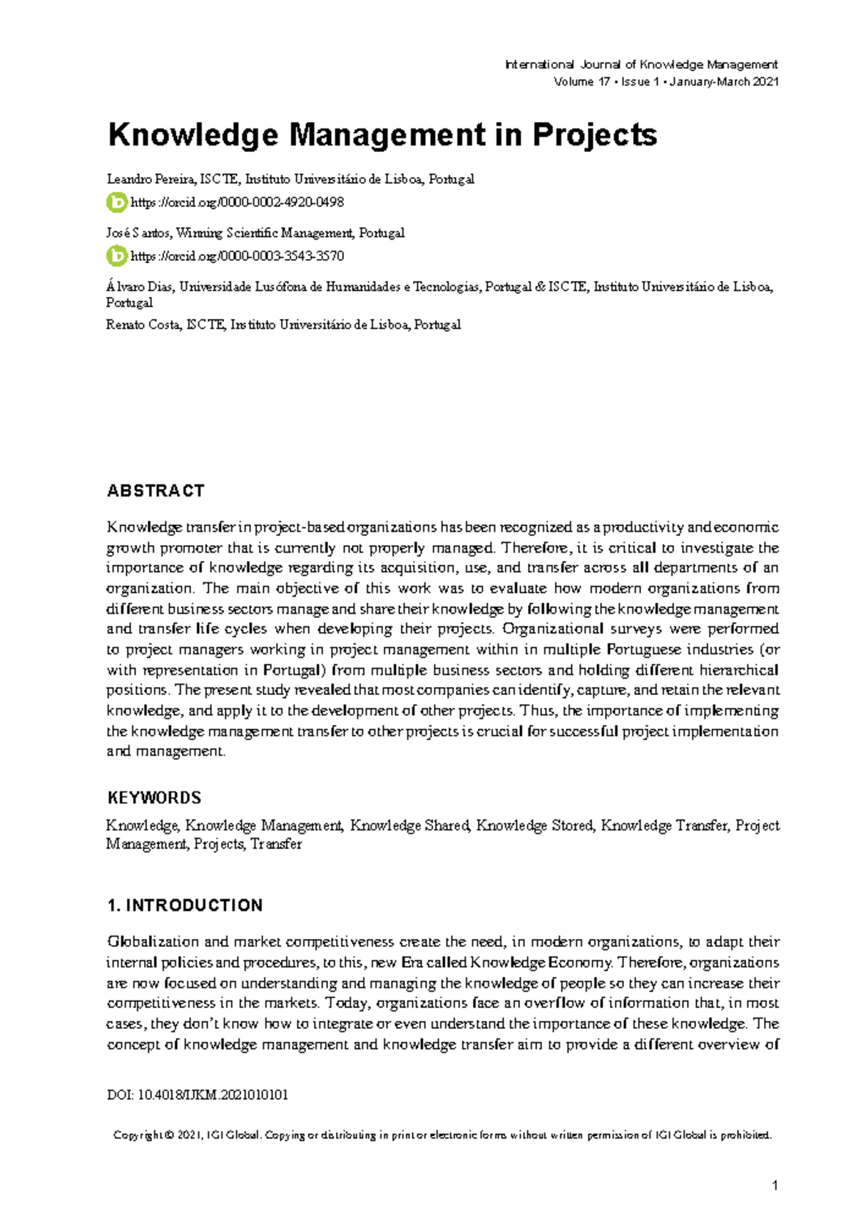 Knowledge Management in Projects (1) - DOI: 10/IJKM. International ...