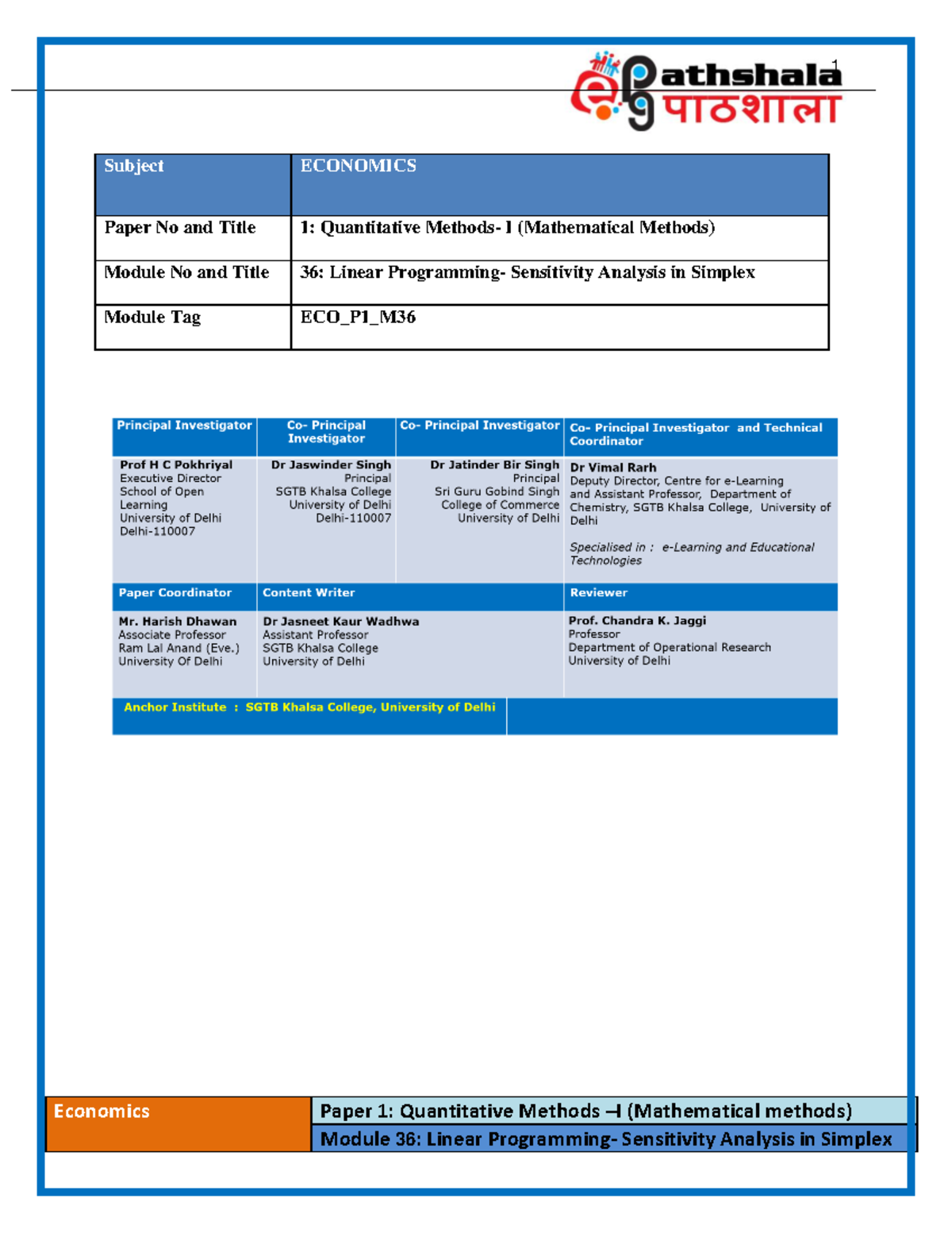 Module No and Title 36: Linear Programming- Sensitivity Analysis in ...