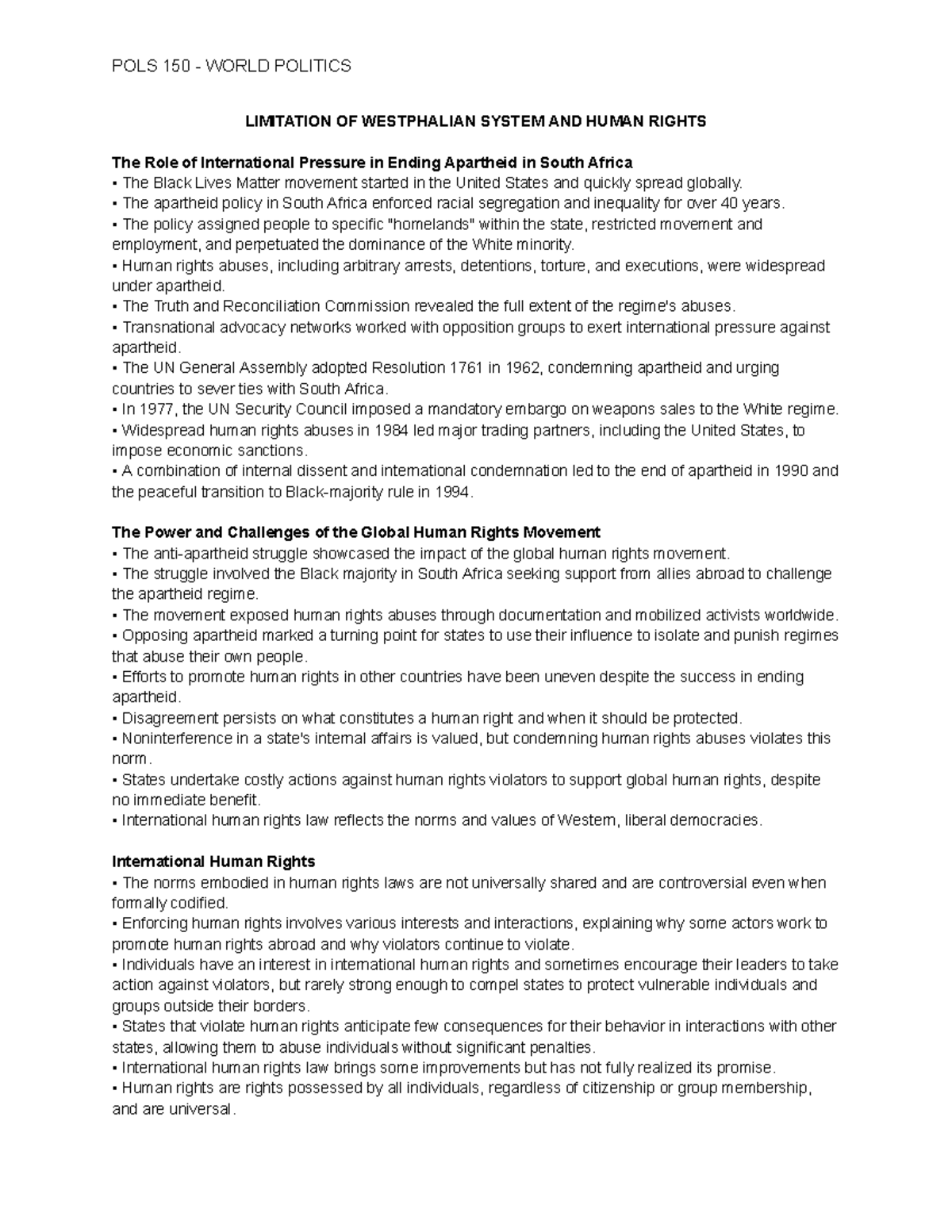 Politics 150-4 - LIMITATION OF WESTPHALIAN SYSTEM AND HUMAN RIGHTS The ...