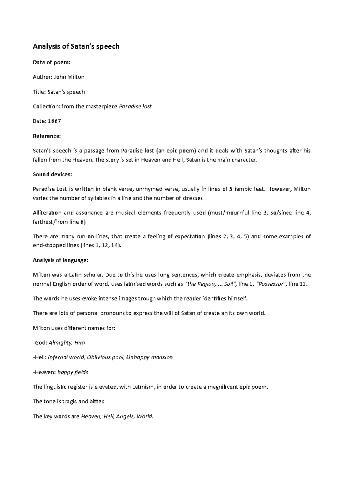Analysisofsatanspeech - Analysis of Satan’s speech Data of poem: Author ...