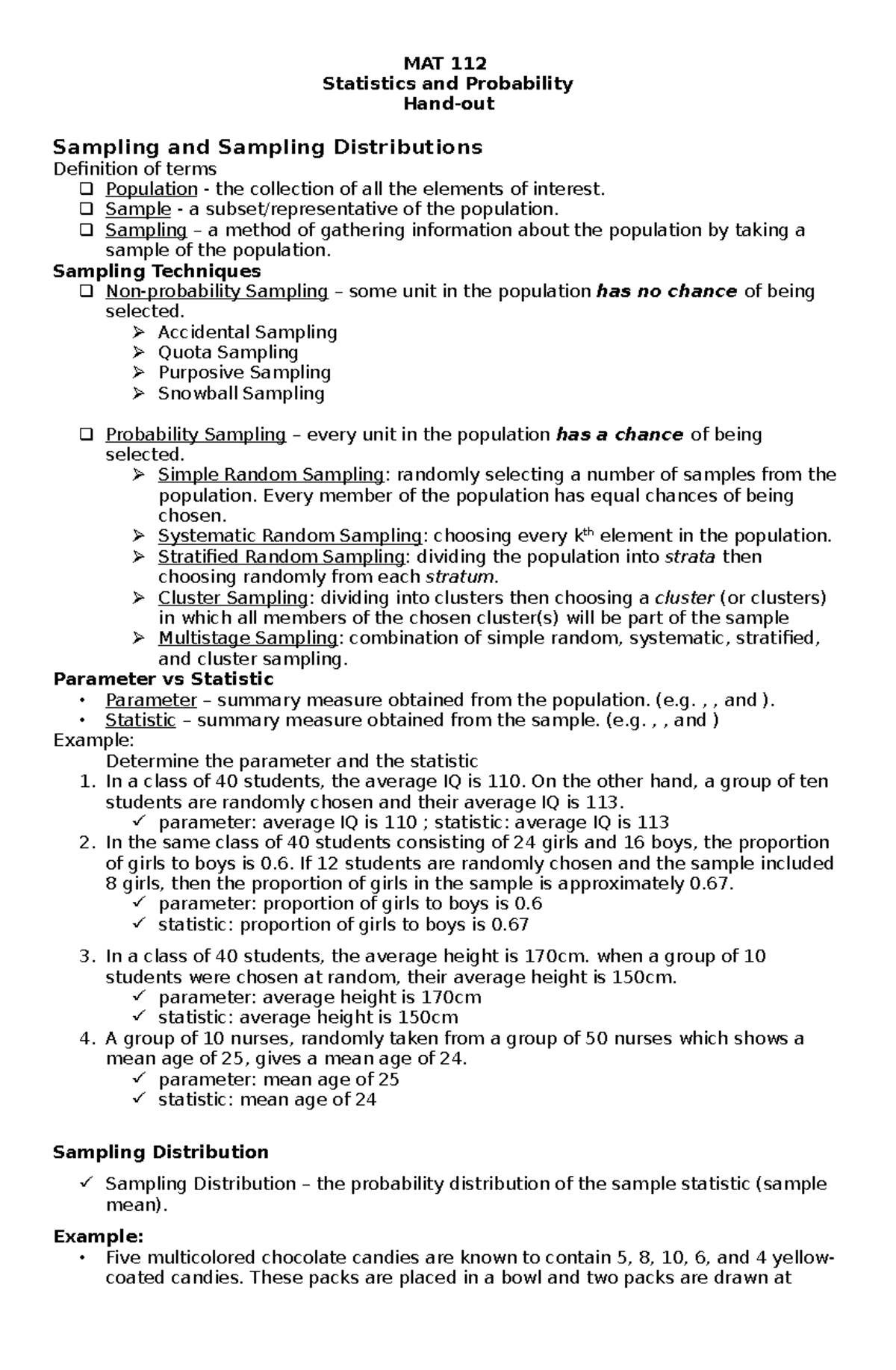 MAT 112 Statistics and Probability Hand-out - MAT 112 Statistics and ...