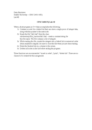 CPSC 2430 Lab 3 - BST - Data Structures Seattle University – CPSC 2430 18FQ Lab CPSC 2430 FQ Lab ...