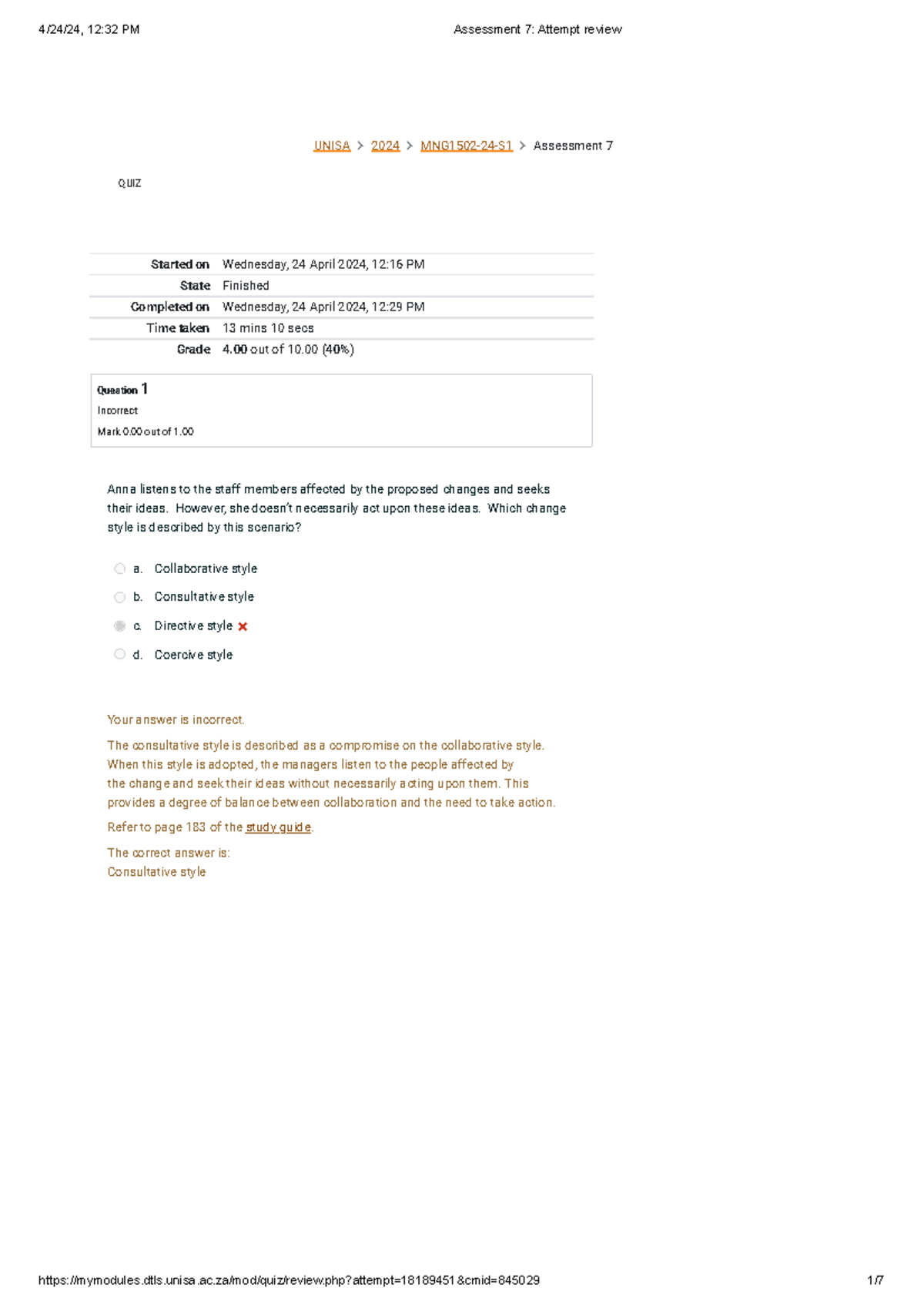 Assessment 7 Attempt review - UNISA 2024 MNG1502-24-S1 Assessment 7 ...