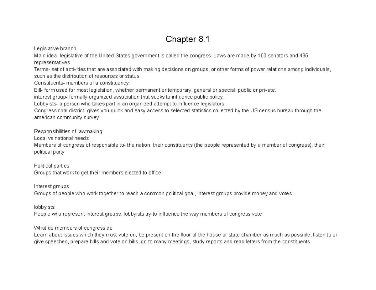 Chapter 8 Notes - Legislative branch Main idea- legislative of the ...